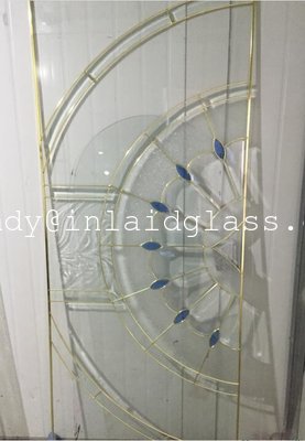 golden brass caming decorative door glass with blue bevel supplier